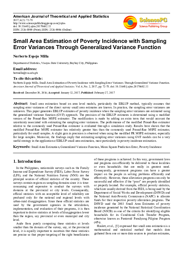 (PDF) Small Area Estimation of Poverty Incidence with Sampling Error Variances Through ...
