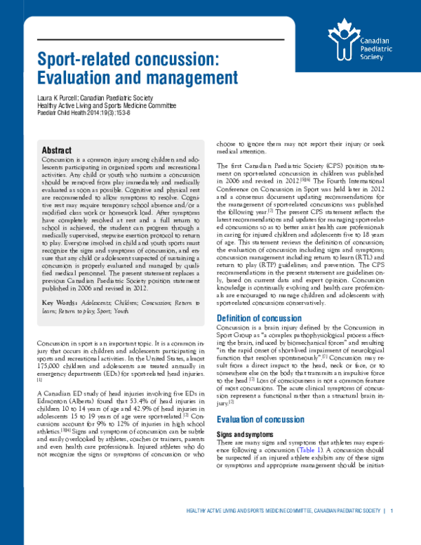 (PDF) Sport-related concussion: Evaluation and management