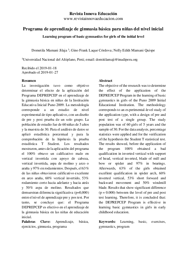 (PDF) Programa de aprendizaje de gimnasia básica para niñas del nivel inicial
