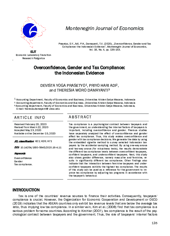 (PDF) Overconfidence, Gender And Tax Compliance: The Indonesian Evidence