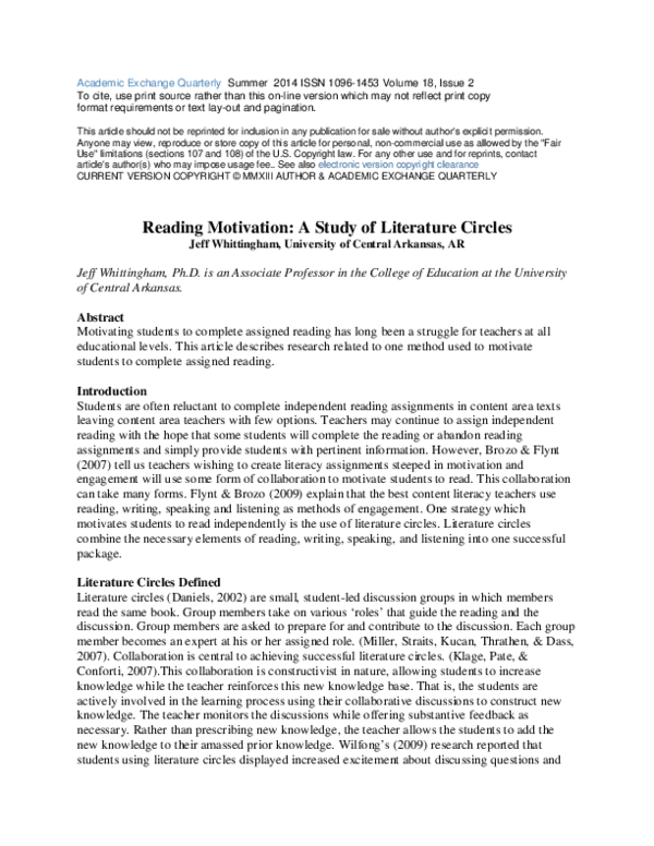 (PDF) Reading Motivation: A Study of Literature Circles