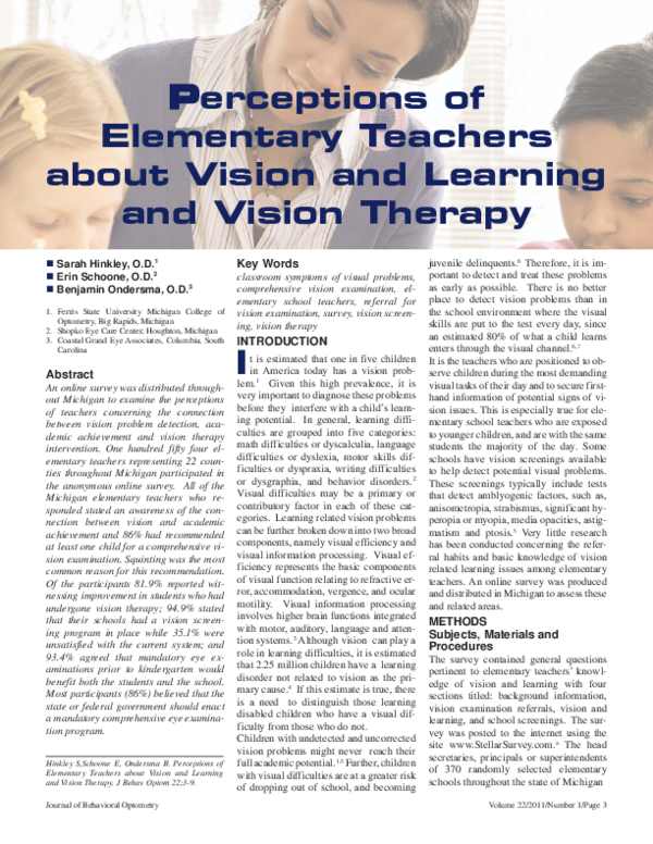 (PDF) P of Elementary Teachers about Vision and Learning and Vision Therapy