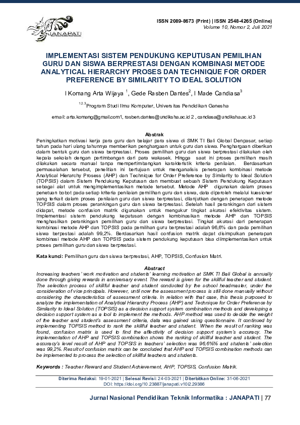 (PDF) Implementasi Sistem Pendukung Keputusan Pemilihan Guru dan Siswa Berprestasi dengan ...