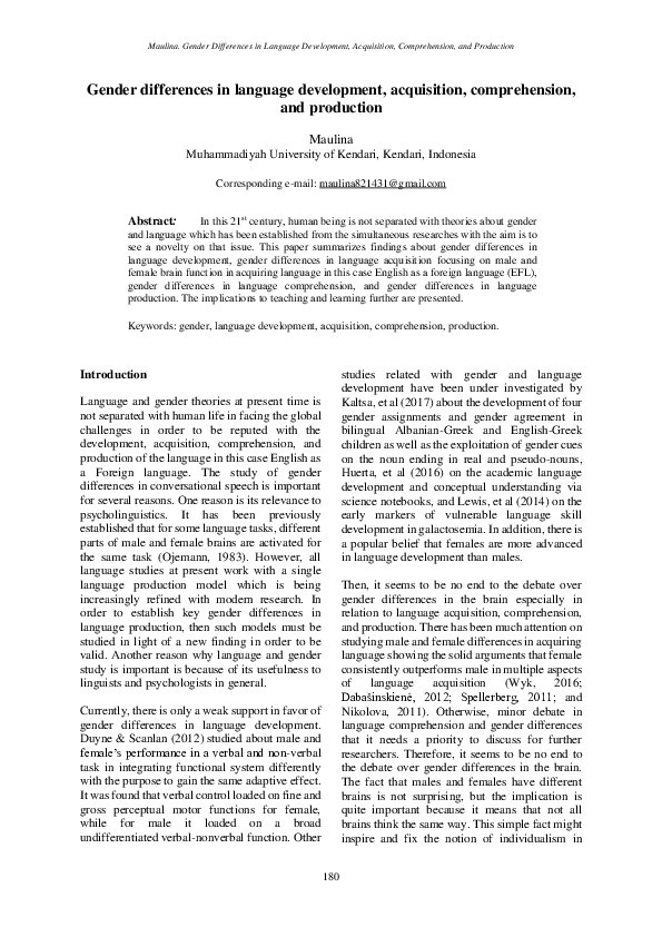 (PDF) Gender differences in language development, acquisition, comprehension, and production