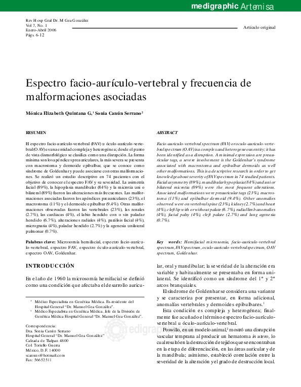 (PDF) Espectro facio-aurículo-vertebral y frecuencia de malformaciones asociadas