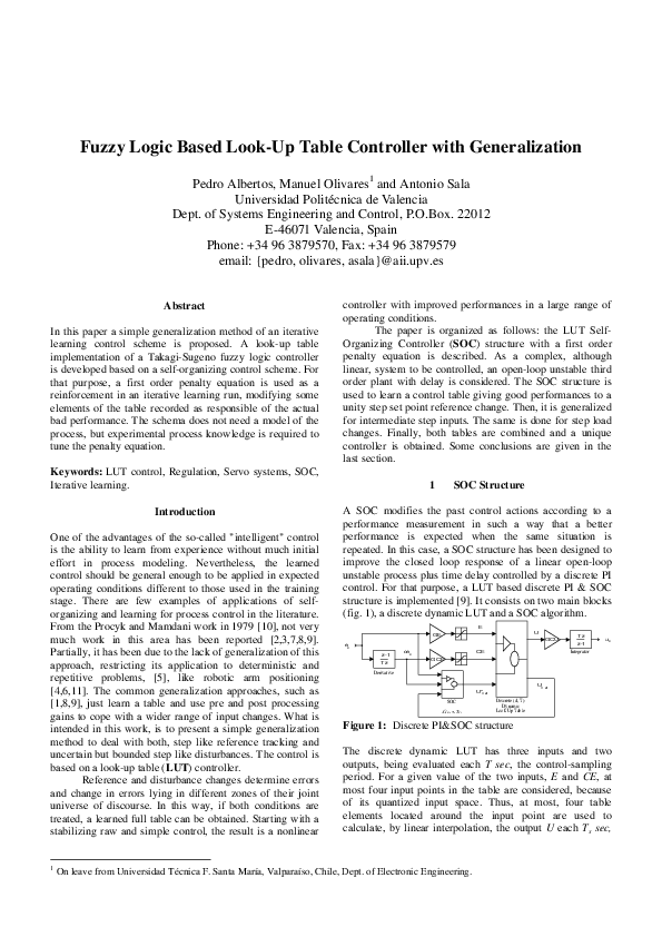 Pdf Fuzzy Logic Based Look Up Table Controller With Generalization