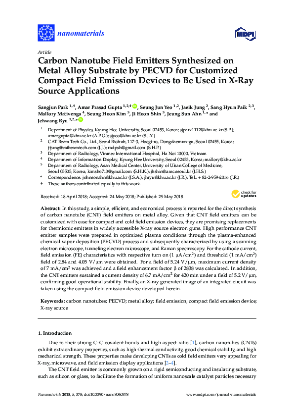 (PDF) Carbon Nanotube Field Emitters Synthesized on Metal Alloy Substrate by PECVD for ...