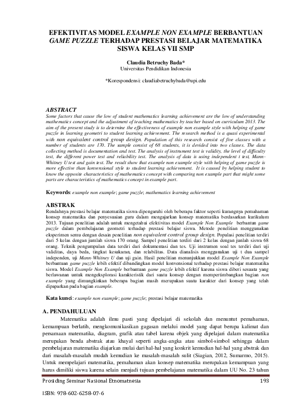 (PDF) Prosiding Seminar Nasional Etnomatnesia 193 EFEKTIVITAS MODEL EXAMPLE NON EXAMPLE ...