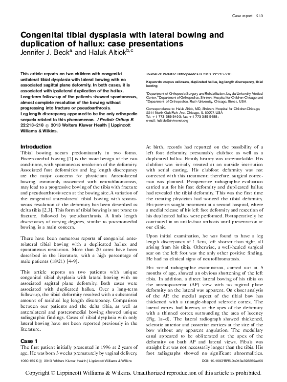 (PDF) Congenital tibial dysplasia with lateral bowing and duplication ...