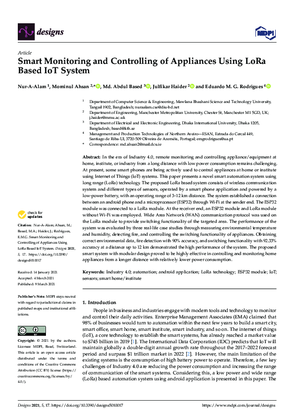 Pdf Smart Monitoring And Controlling Of Appliances Using Lora Based Iot System