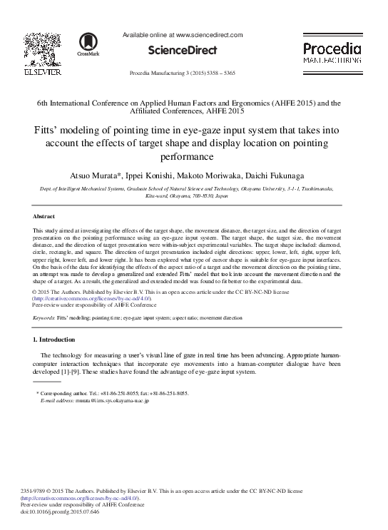 (PDF) Fitts’ Modeling of Pointing Time in Eye-gaze Input System that Takes into Account the ...