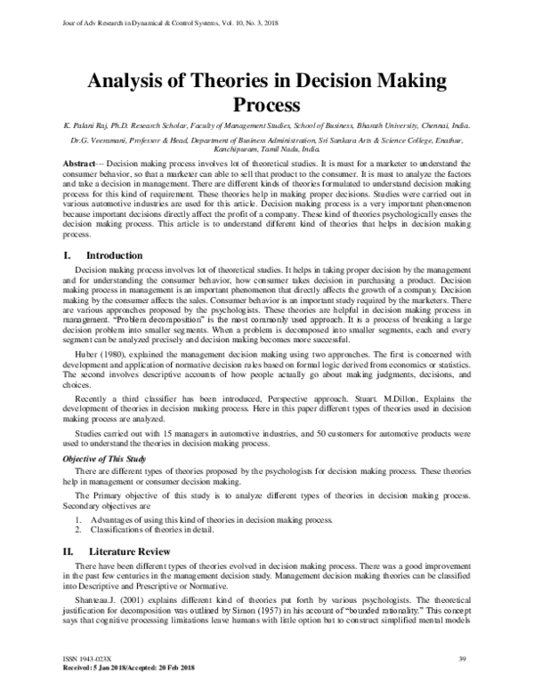 (PDF) Analysis of Theories in Decision Making Process