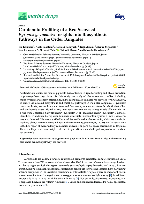 Carotenoid Profiling of a Red Seaweed Pyropia yezoensis: Insights into ...