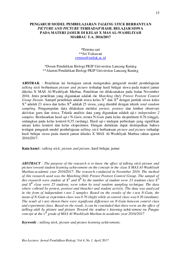 (PDF) Pengaruh Model Pembelajaran Talking Stick Berbantuan Picture and Picture Terhadap Hasil ...
