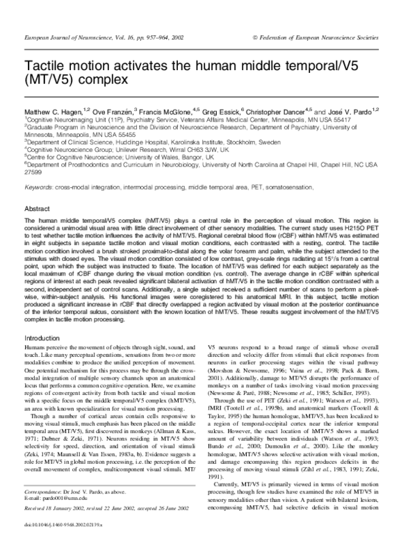 (PDF) Tactile motion activates the human middle temporal/V5 (MT/V5) complex