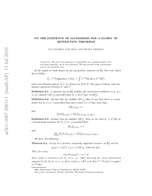 (PDF) On the existence of maximizers for a family of restriction theorems
