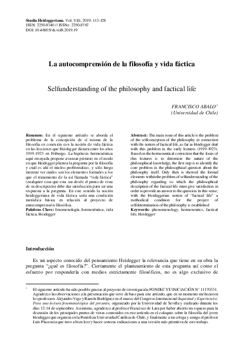 (PDF) La autocomprensión de la filosofía y vida fáctica