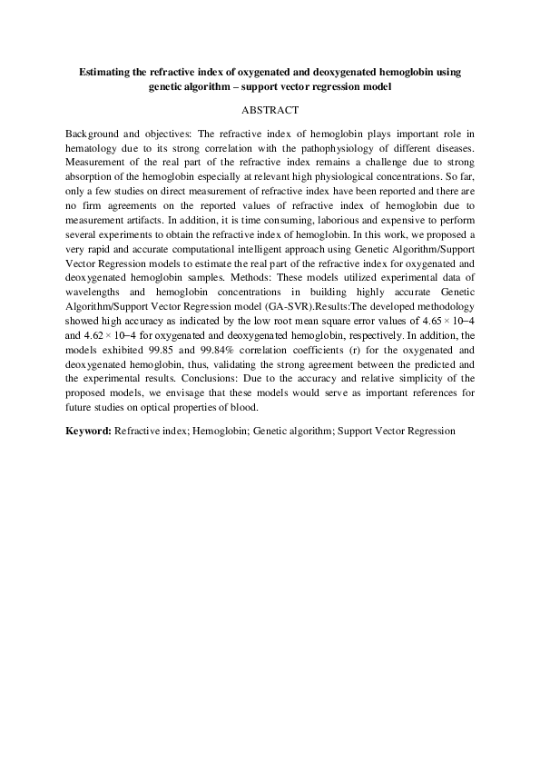 (PDF) Estimating the refractive index of oxygenated and deoxygenated hemoglobin using genetic ...