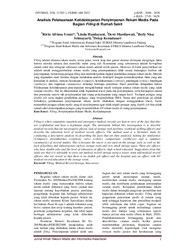 (PDF) Analisis Pelaksanaan Ketidaktepatan Penyimpanan Rekam Medis Pada Bagian Filing di Rumah Sakit