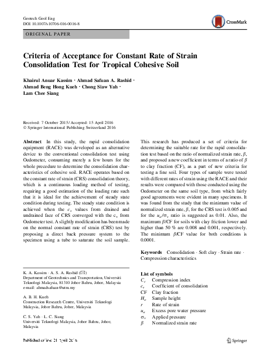 (PDF) Criteria of Acceptance for Constant Rate of Strain Consolidation ...