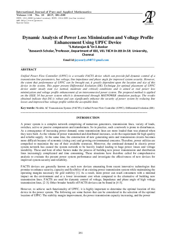 (PDF) Dynamic Analysis of Power Loss Minimization and Voltage Profile Enhancement Using UPFC Device