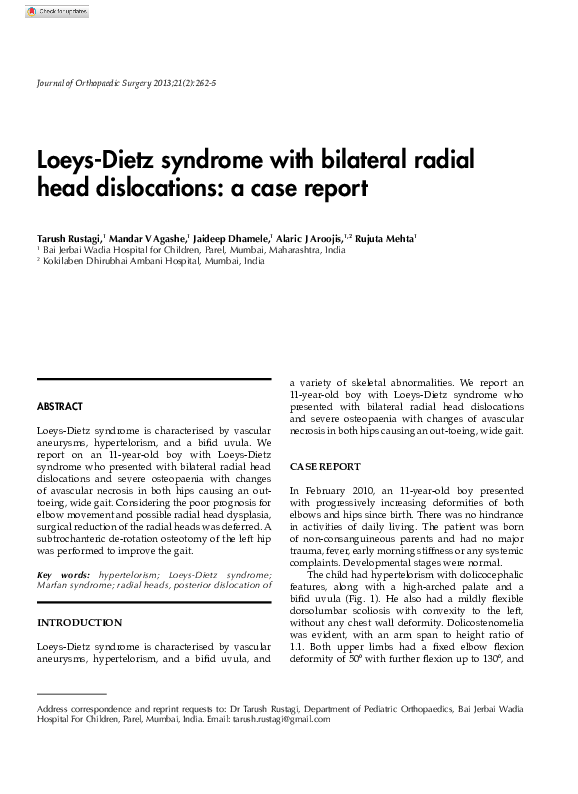 (PDF) Loeys-Dietz Syndrome with Bilateral Radial Head Dislocations: A ...