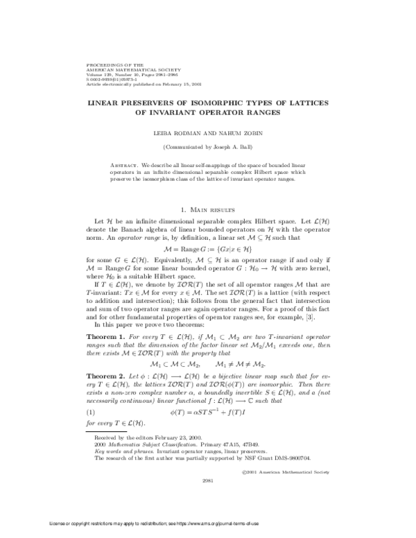 (PDF) Linear preservers of isomorphic types of lattices of invariant operator ranges