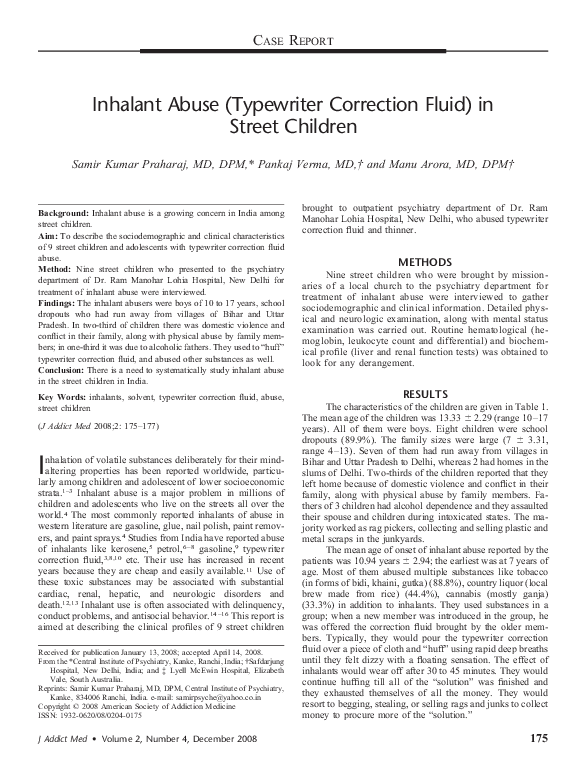 (PDF) Inhalant Abuse (Typewriter Correction Fluid) in Street Children