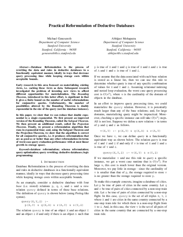 (PDF) Practical Reformulation of Deductive Databases