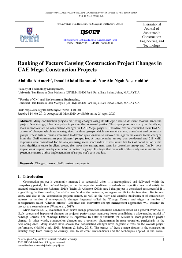 (PDF) Ranking of Factors Causing Construction Project Changes in Uae ...