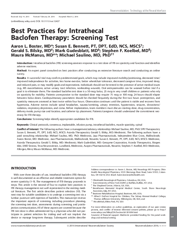 (PDF) Best Practices for Intrathecal Baclofen Therapy: Dosing and Long ...