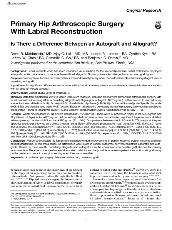 (PDF) Primary Hip Arthroscopic Surgery With Labral Reconstruction: Is ...