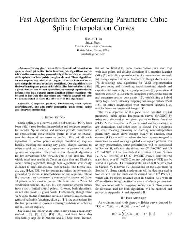 Pdf Fast Algorithms For Generating Parametric Cubic Spline Interpolation Curves