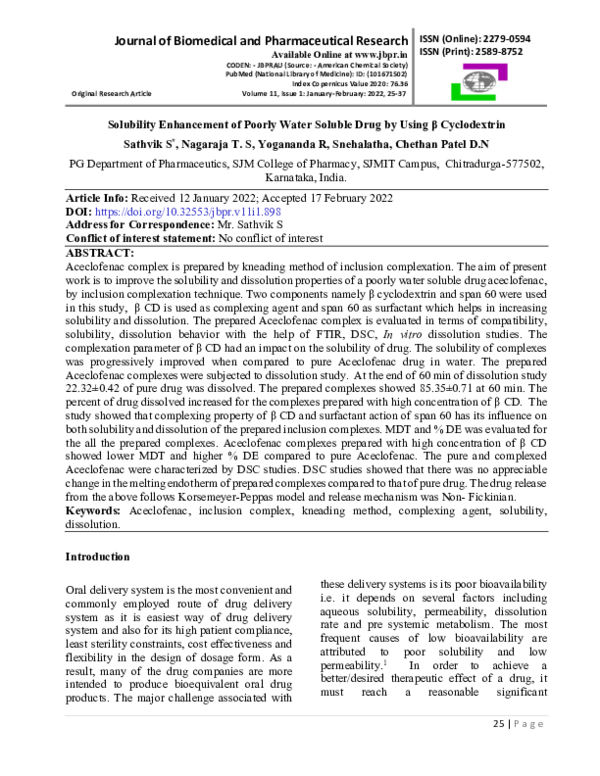 (PDF) Solubility Enhancement of Poorly Water Soluble Drug by Using β Cyclodextrin