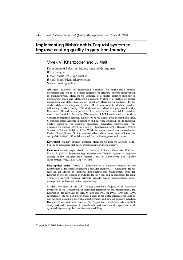 (PDF) Implementing Mahalanobis-Taguchi system to improve casting ...