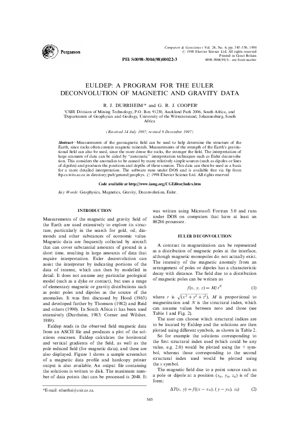 Pdf Euldep A Program For The Euler Deconvolution Of Magnetic And