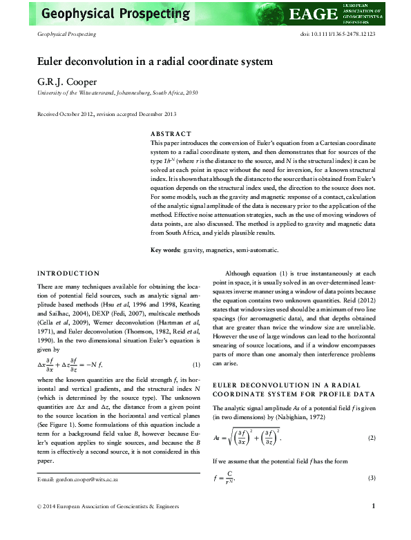 (PDF) Euler deconvolution in a radial coordinate system | Gordon Cooper - Academia.edu