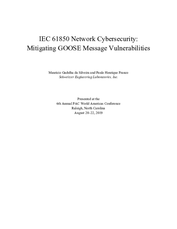 Pdf Iec 61850 Network Cybersecurity Mitigating Goose Message Vulnerabilities
