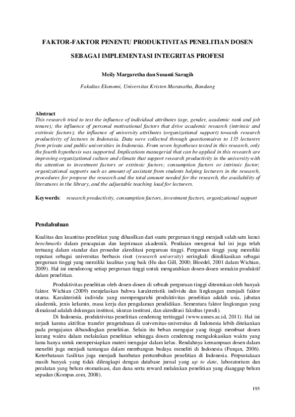 (PDF) Faktor-Faktor Penentu Produktivitas Penelitian Dosen | Susanti Saragih - Academia.edu