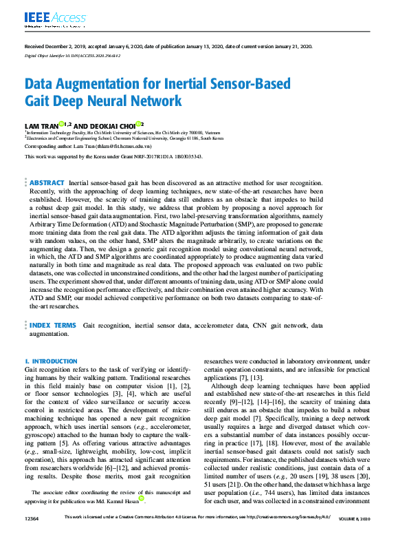 Pdf Data Augmentation For Inertial Sensor Based Gait Deep Neural Network Lam Tran Ha