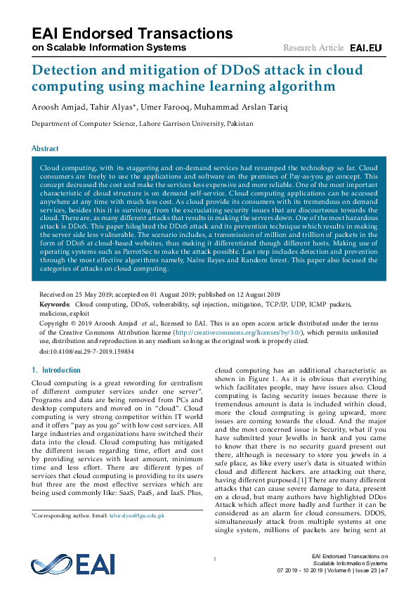 Pdf Ddos Attack Detection Using Machine Learning Techniques In Cloud Computing Environments