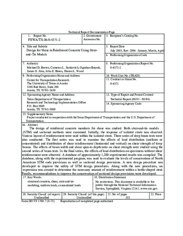 (PDF) Design for Shear in Reinforced Concrete Using Strut-and-Tie Models