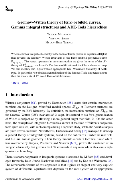(PDF) Gromov–Witten theory of Fano orbifold curves, Gamma integral ...