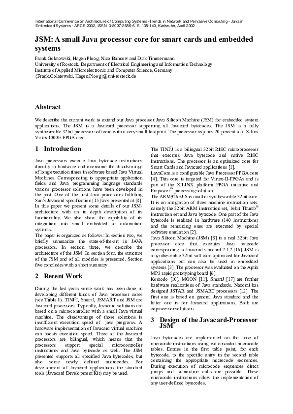 (PDF) JSM: A small Java processor core for smart cards and embedded systems