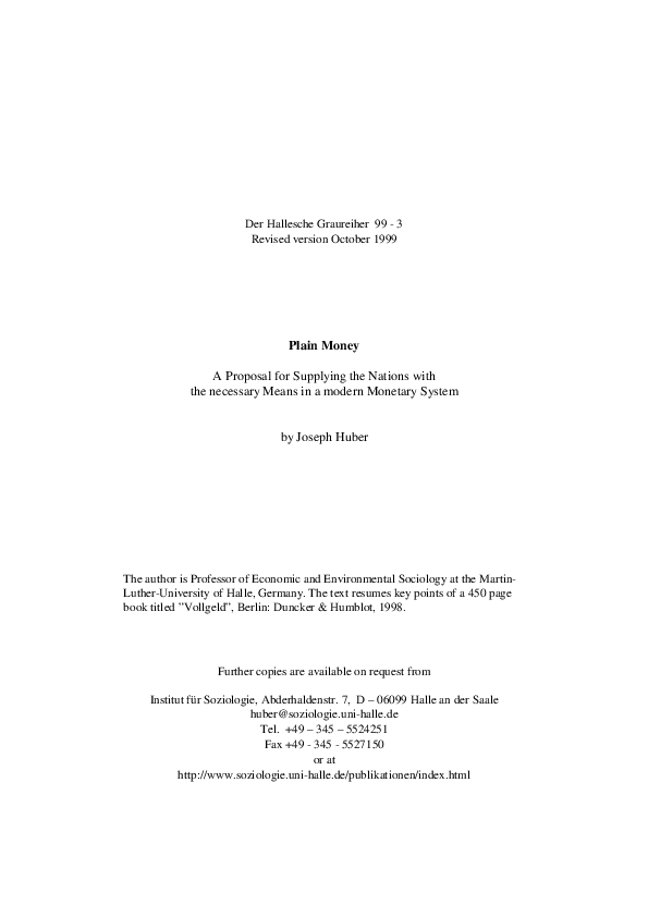 (PDF) Plain Money A Proposal for Supplying the Nations with the ...