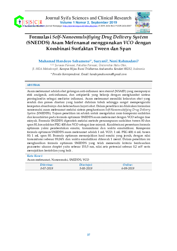 (PDF) Formulasi Self-Nanoemulsifiying Drug Delivery System (SNEDDS) Asam Mefenamat menggunakan ...