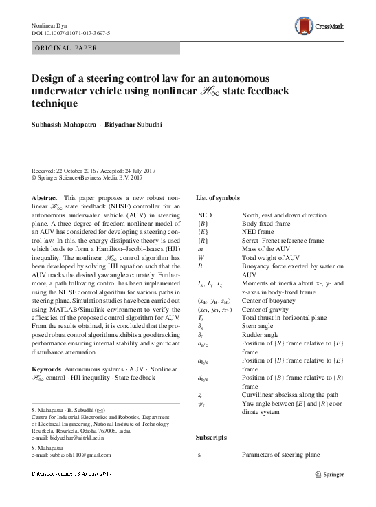 (PDF) Design of a steering control law for an autonomous underwater vehicle using nonlinear ...