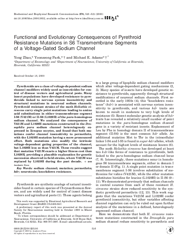 Functional and Evolutionary Consequences of Pyrethroid Resistance Mutations in S6 Transmembrane ...