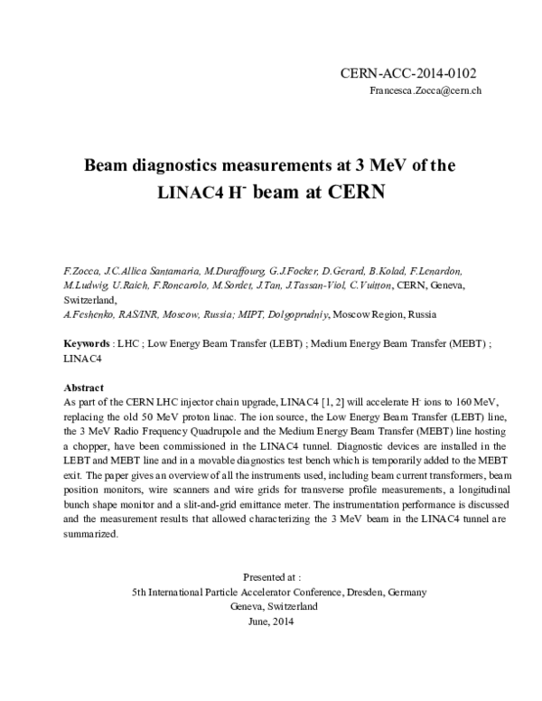 (PDF) Beam Diagnostics Measurements at 3MeV of the LINAC4 H⁻ Beam at CERN