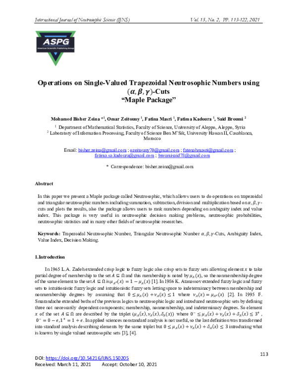 (PDF) Operations on Single-Valued Trapezoidal Neutrosophic Numbers using (α,β,γ)-Cuts “Maple ...